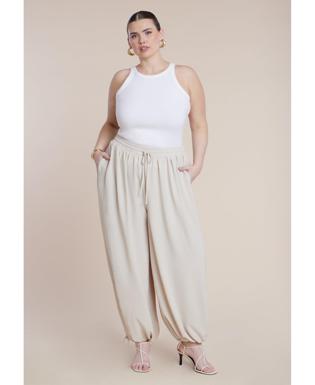 Click here for Eloquii Womens Drawstring Balloon Pant - Oat prices