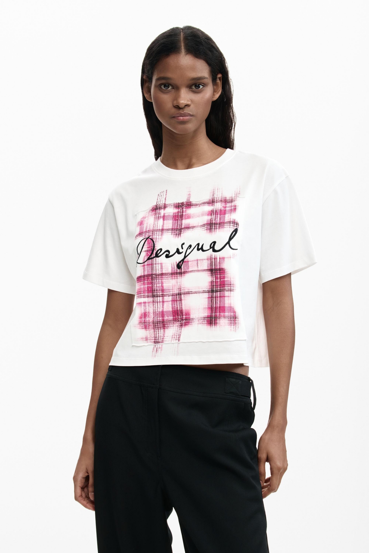 Click here for Desigual Womens Checked Logo T-Shirt - White prices