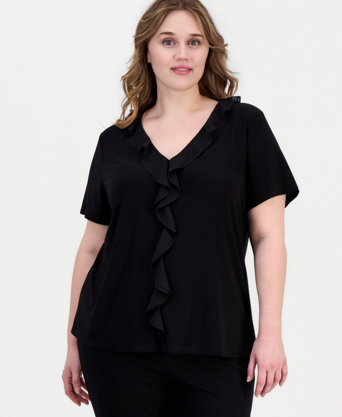 Click here for Anne Klein Essentials Plus Ruffle-Trim V-Neck Top... prices