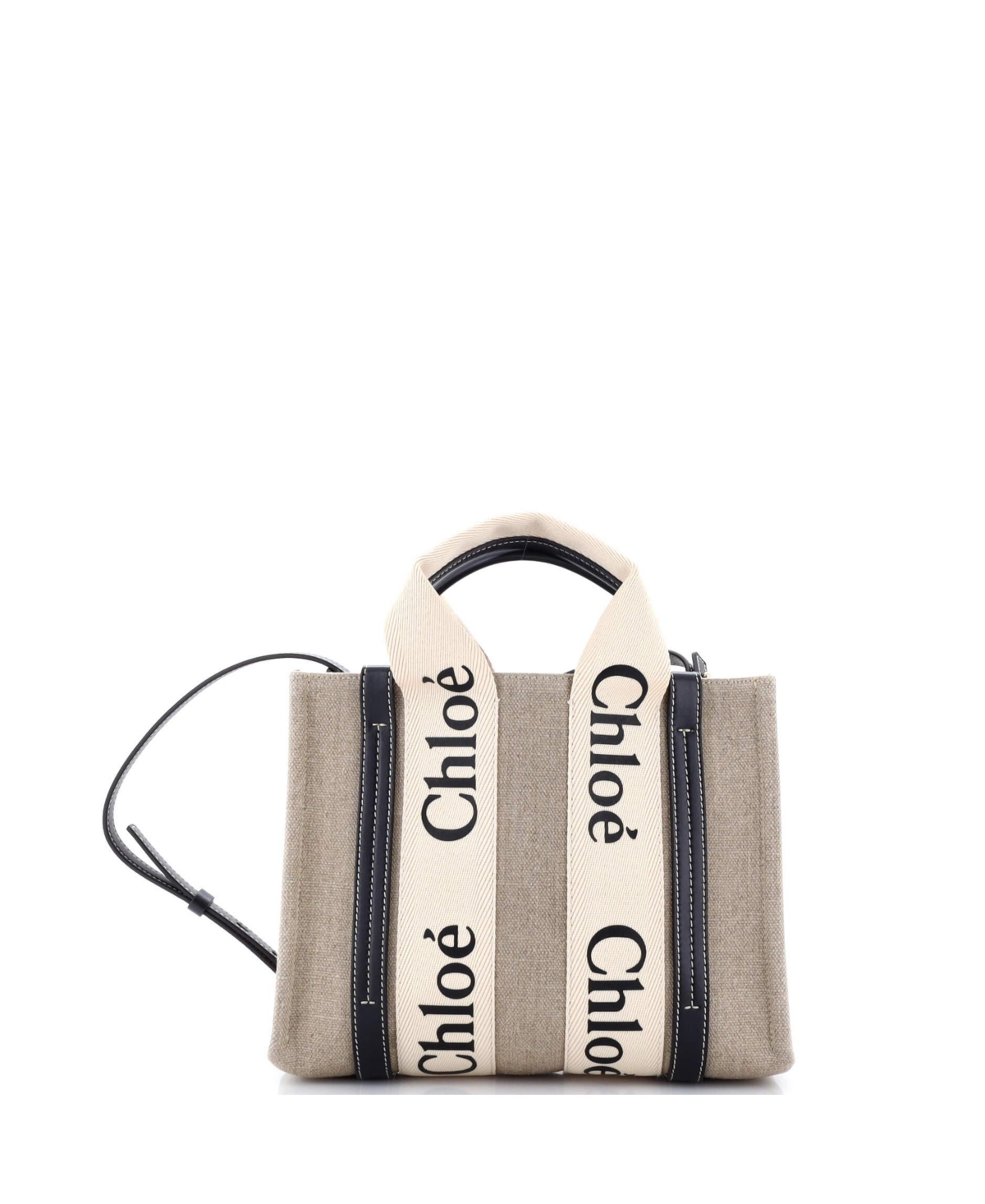 Click here for Pre-Owned Chloe Small Woody Tote Canvas with Leath... prices