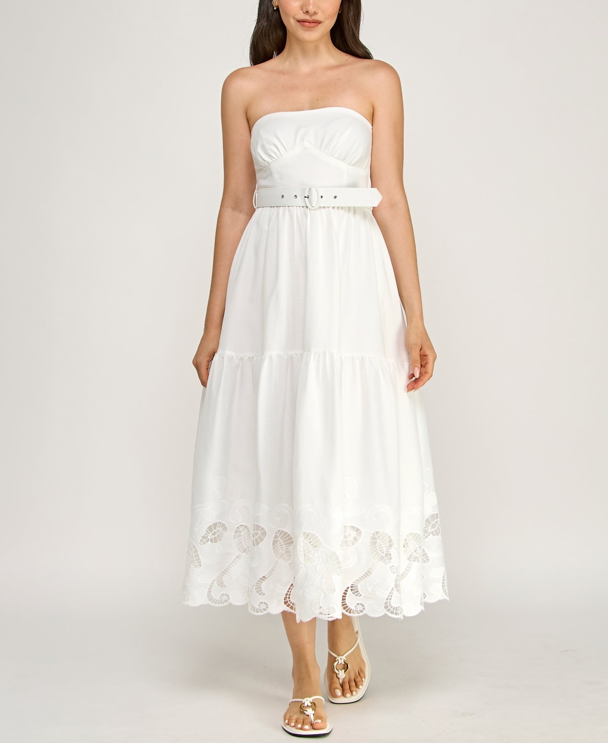 Click here for Row A Juniors Strapless Sweetheart Neck Lazer Cuto... prices