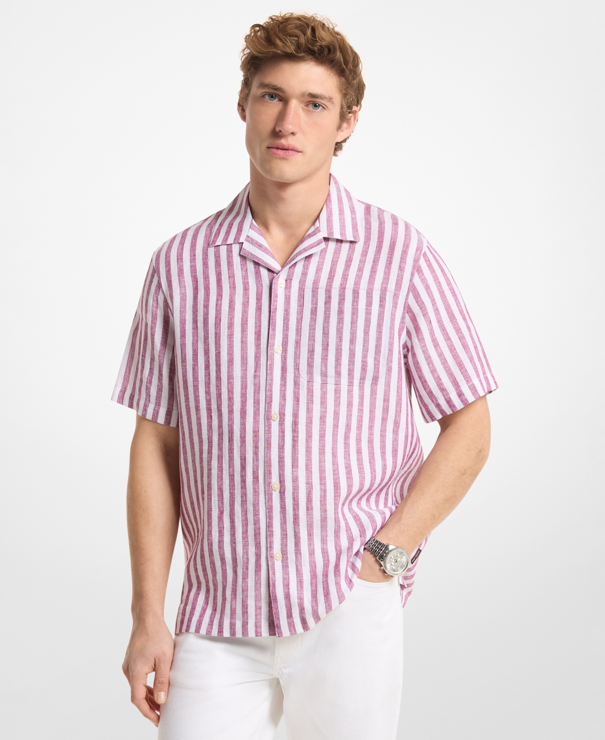Click here for Michael Kors Mens Striped Camp-Collar Shirt - WINE... prices