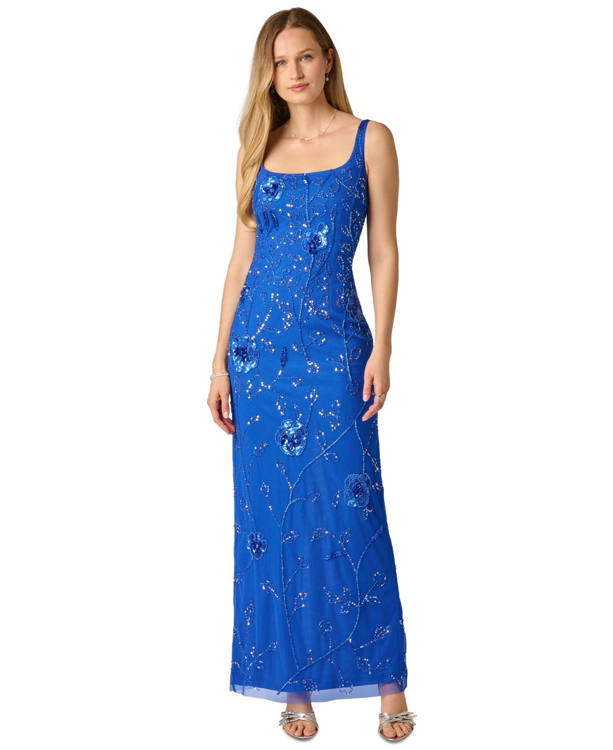 Click here for Adrianna Papell Square Neck Bead Mesh Column Dress... prices