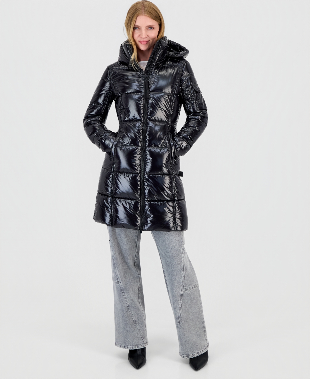 Click here for S13 Womens Hooded Thumbhole-Cuff Shine Puffer Coat... prices