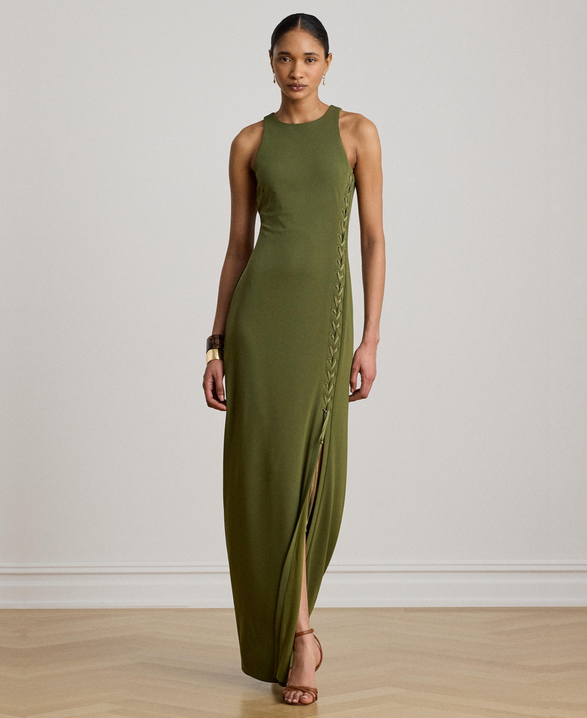 Click here for Lauren Ralph Lauren Lace-Up Jersey Sleeveless Gown... prices