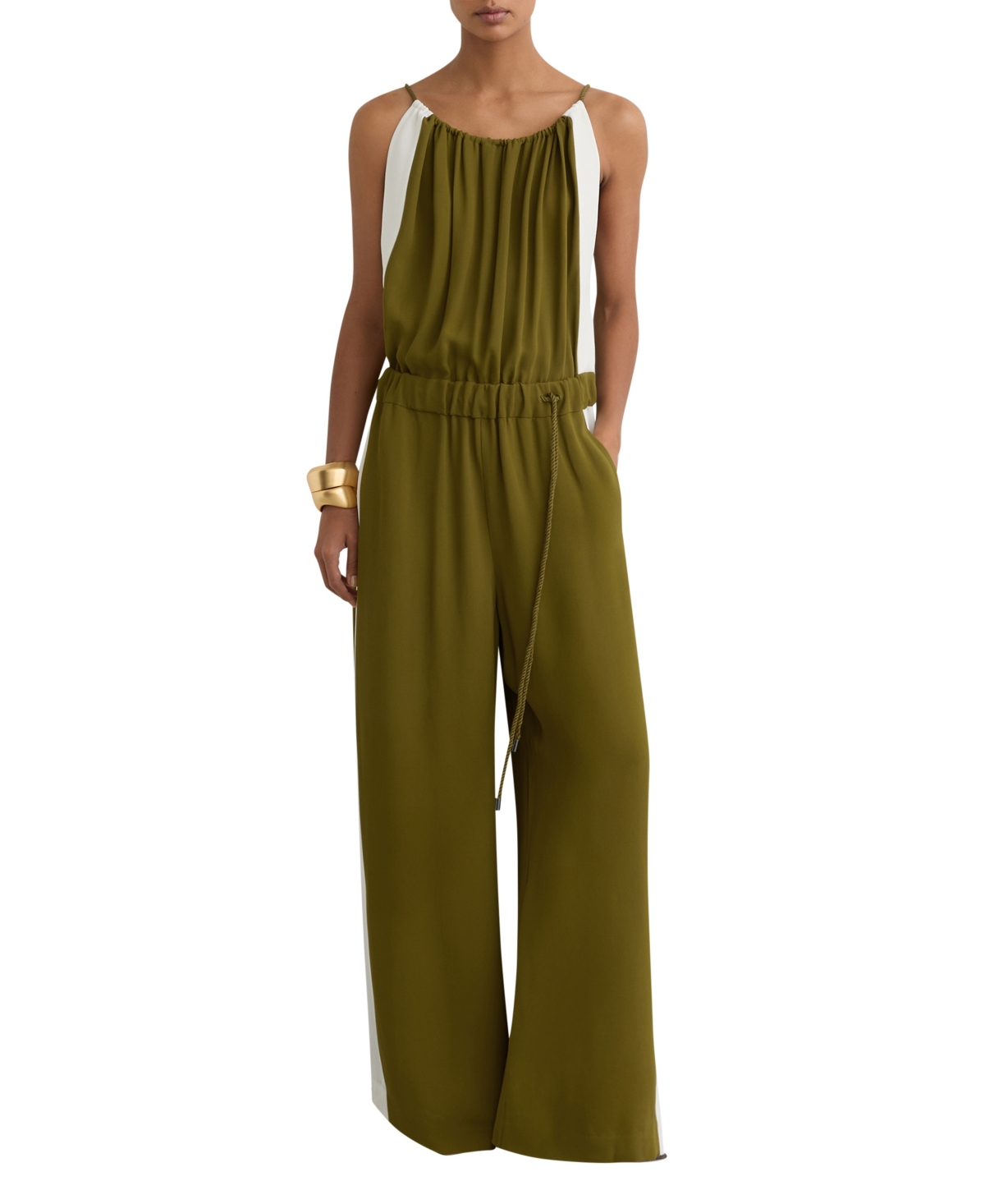 Click here for Reiss Womens Inez Colourblock Gathered Wide-Leg Ju... prices