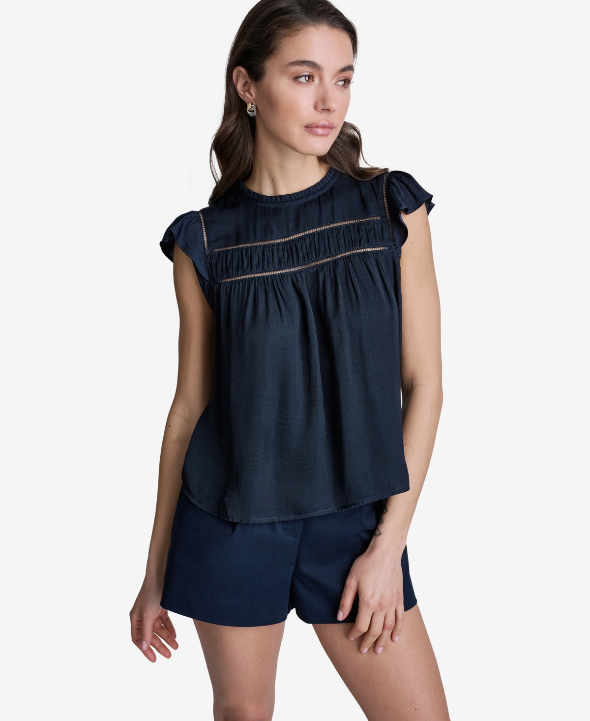 Click here for Bcbg Womens Flutter-Sleeve Crewneck Blouse - Blue prices