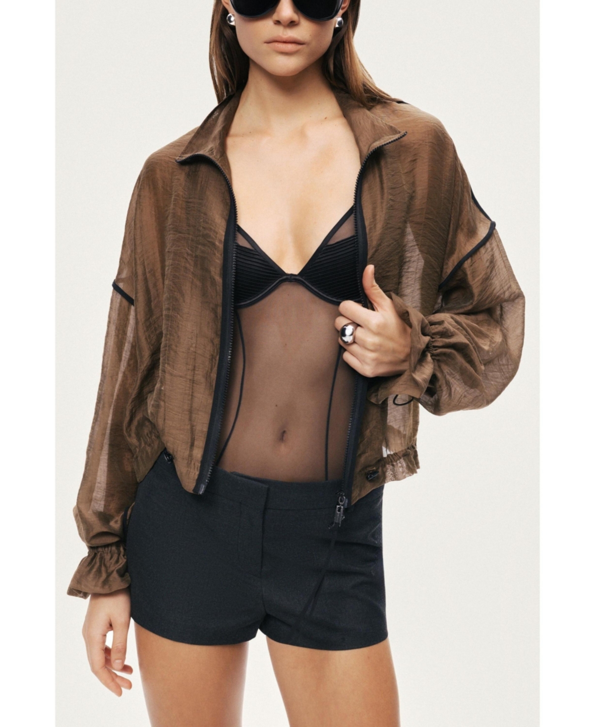 Click here for Nocturne Womens Sheer Zip-Front Jacket - Camel prices