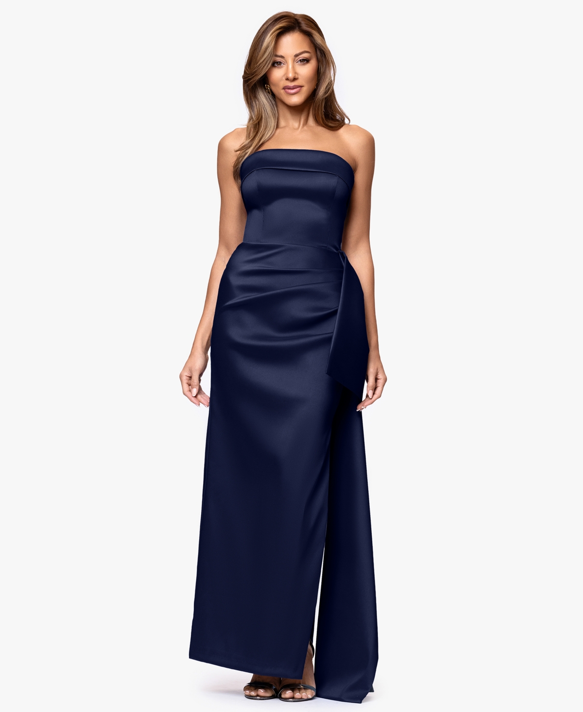 Click here for Xscape Womens Strapless Ruffle Long Dress - NAVY prices