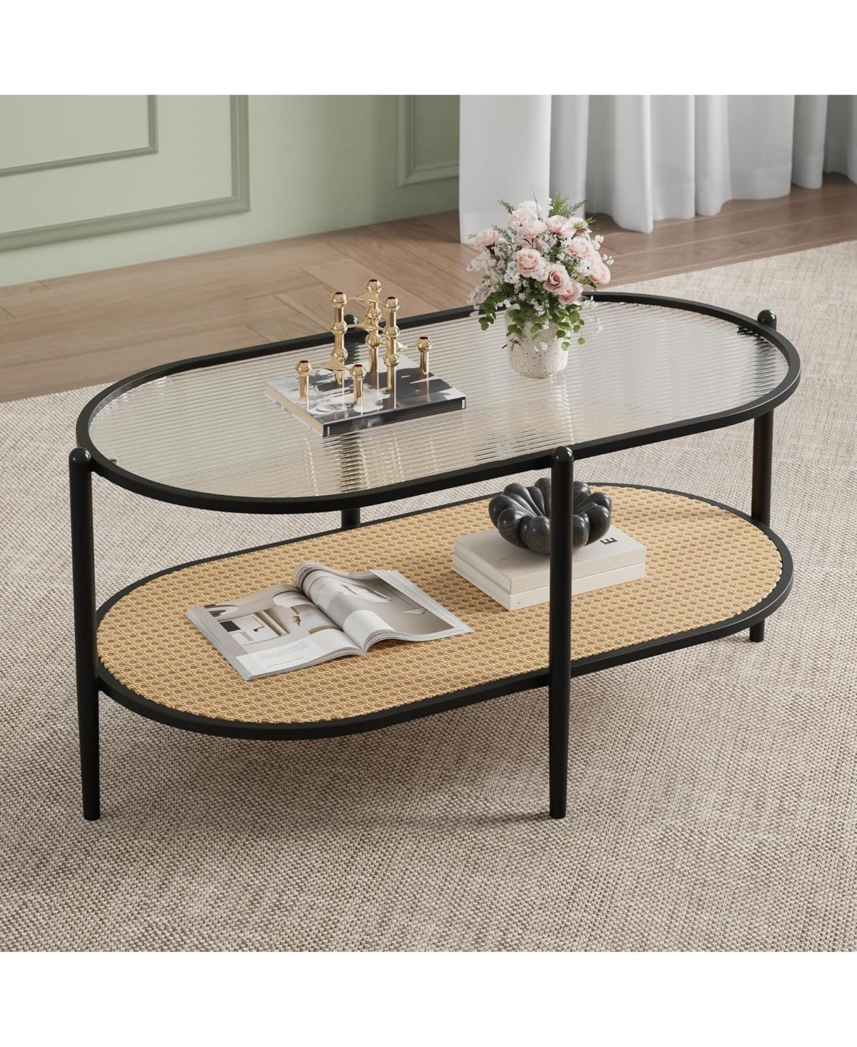 Click here for gaomon 2 Tier Rattan Oval Coffee Table with Temper... prices
