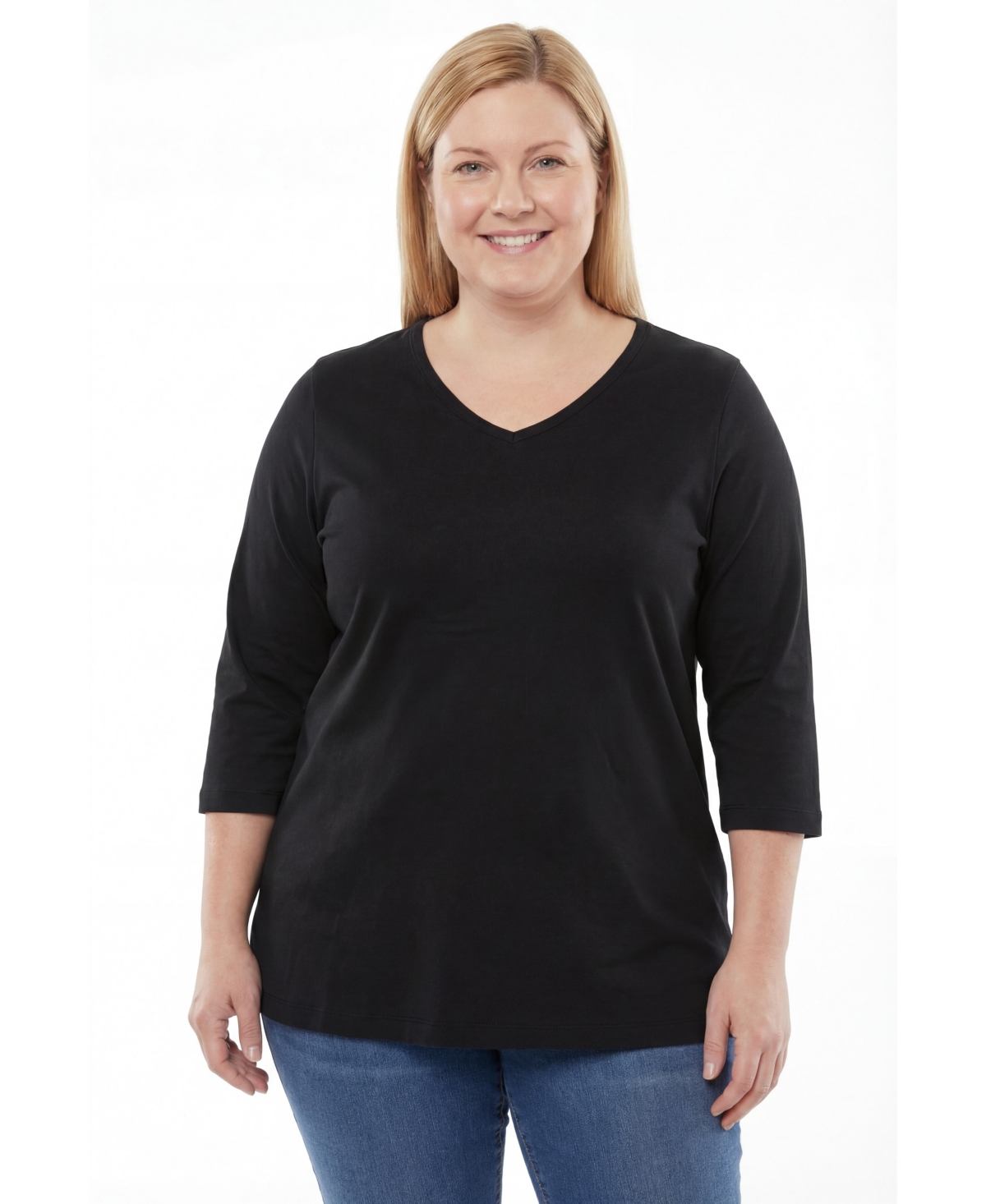 Woman Within Plus Size Within Perfect Three-Quarter Sleeve V-Neck Tunic - Black