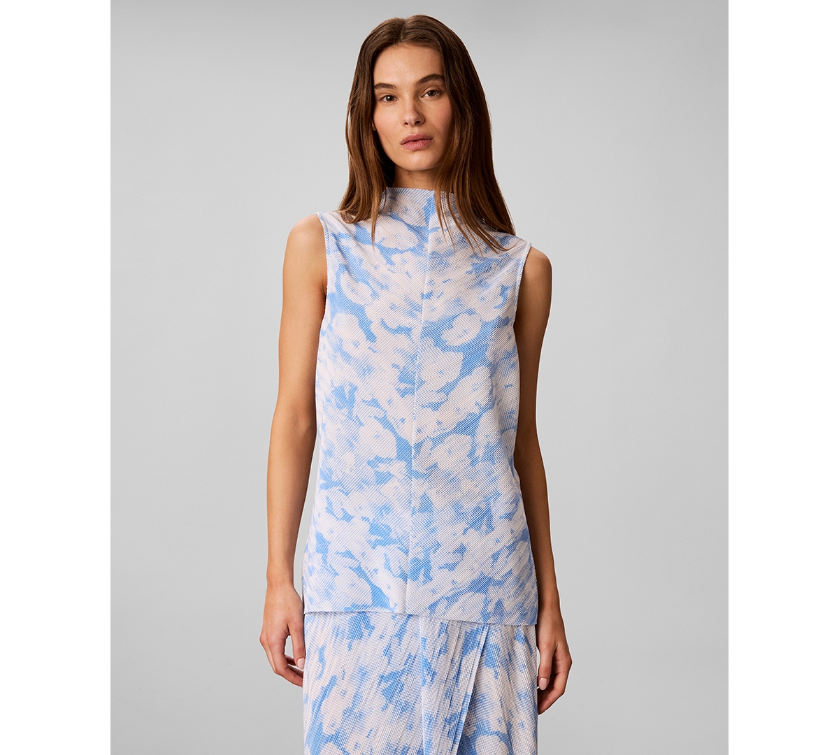 Click here for Calvin Klein Womens Printed Plisse Mock Neck Sleev... prices
