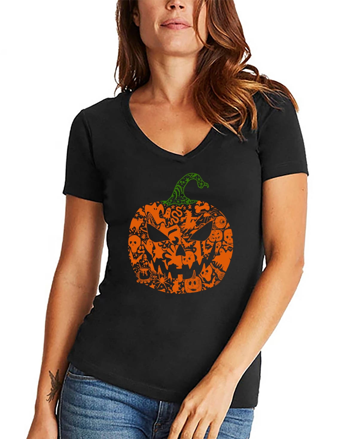 Click here for La Pop Art Womens Halloween Pumpkin Word Art V-Nec... prices
