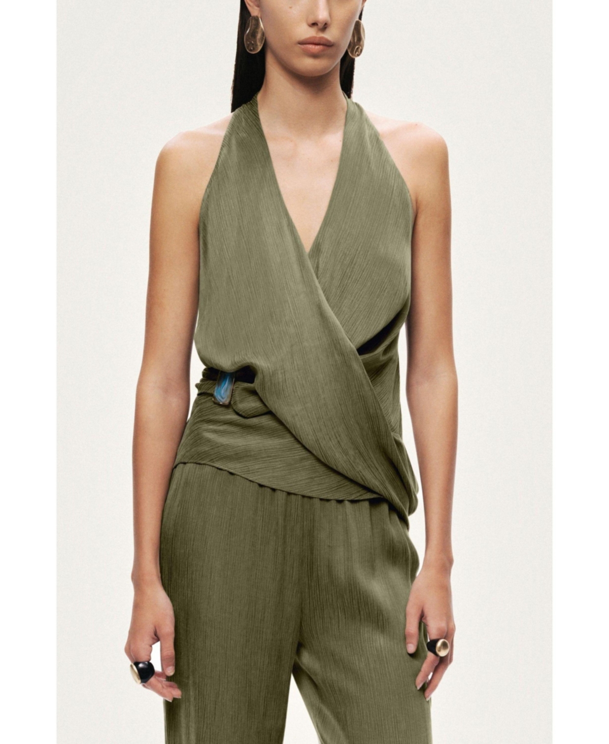 Click here for Nocturne Womens Asymmetric Halter Wrap Top - Khaki prices