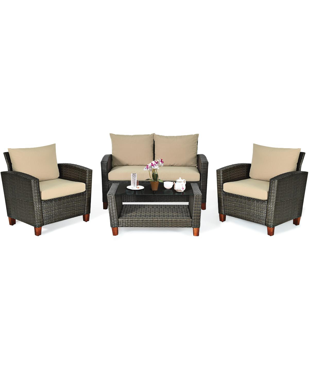 Click here for 4PCS Patio Rattan Furniture Set Solid Wood Leg Cus... prices