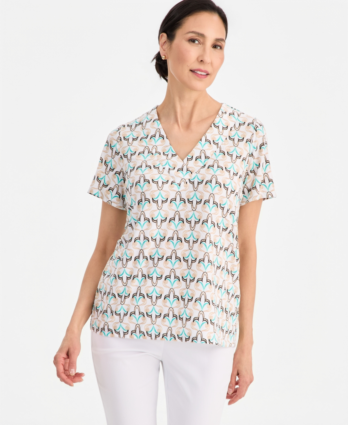 Click here for Jm Collection Womens Printed Short Sleeve V-Neck J... prices
