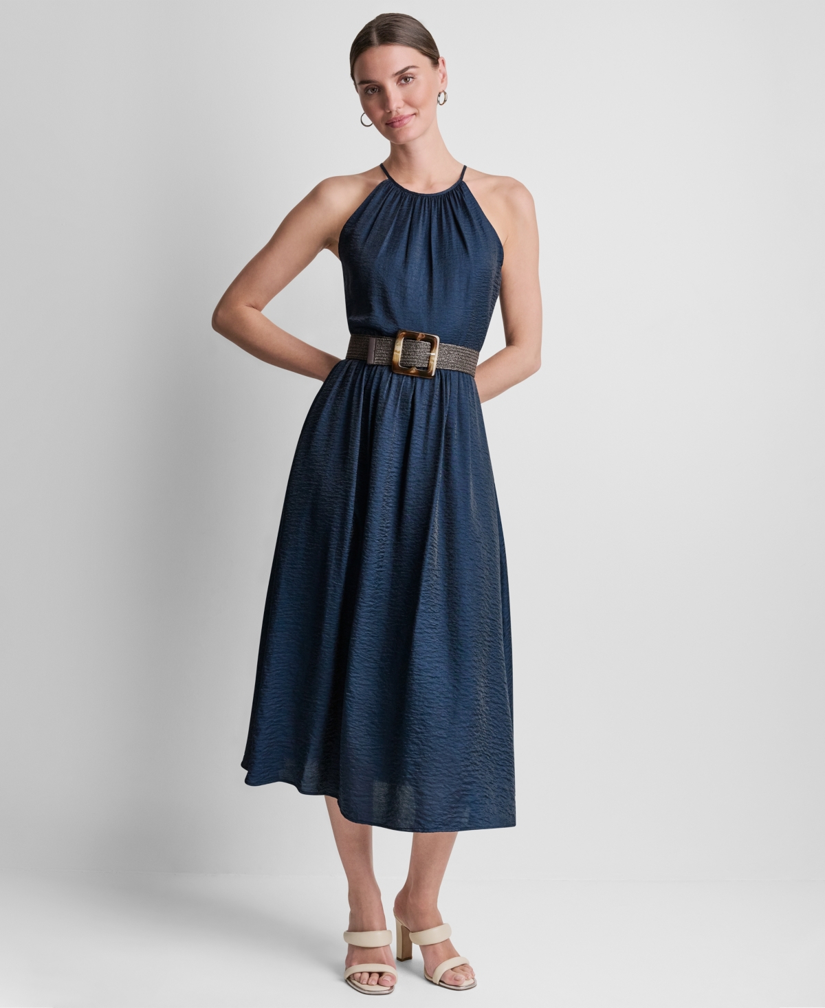 Click here for Dkny Womens Sleeveless Halter Midi Dress - Indigo prices