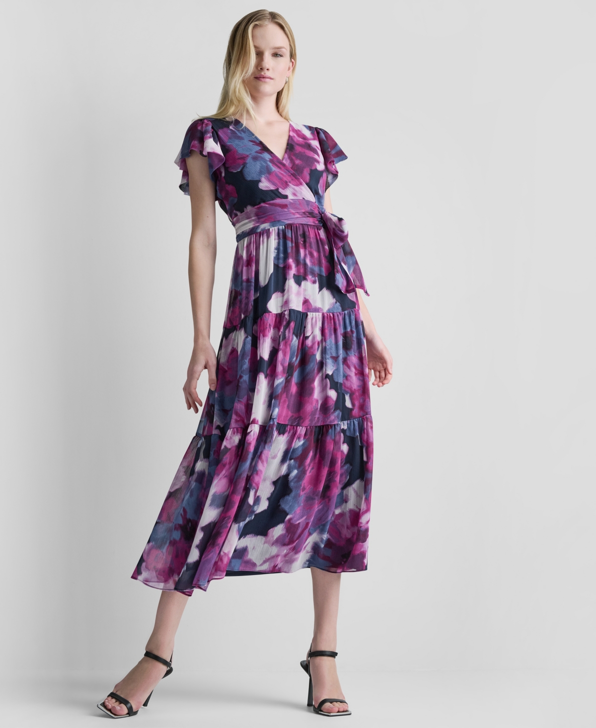 Click here for Dkny Womens Ruffled V-Neck Tie-Waist Dress - Indig... prices