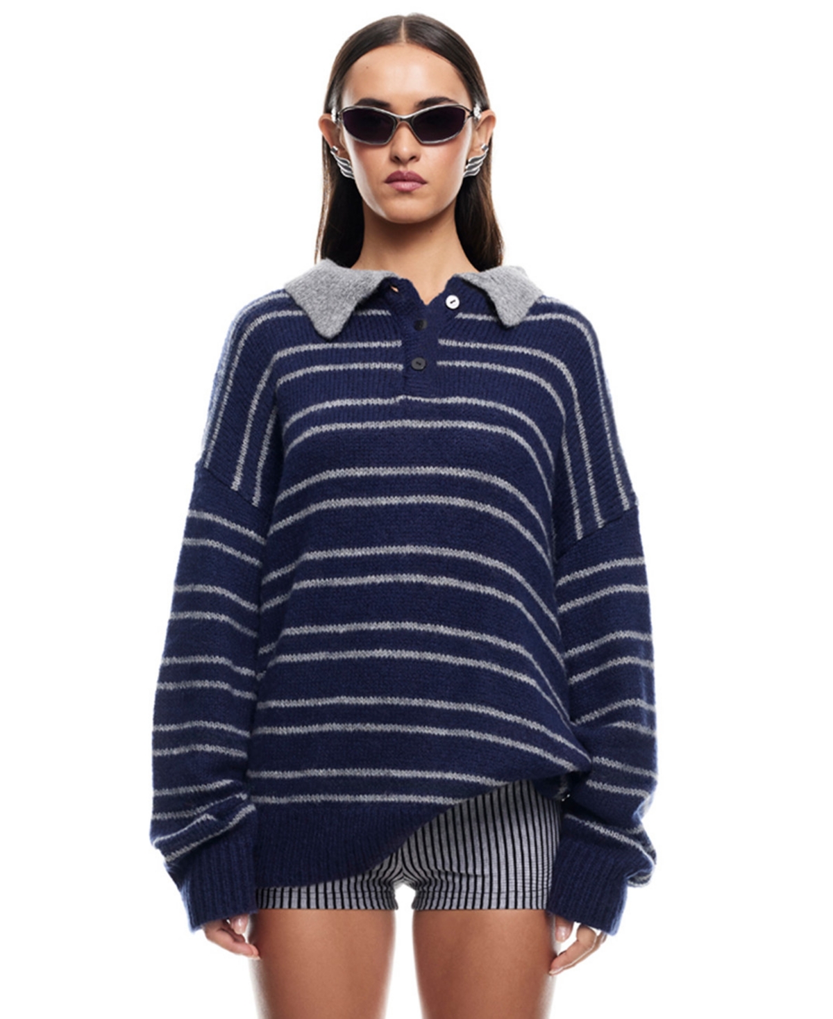 Click here for Lioness Womens Knit Button-Front Sweater - Navy prices