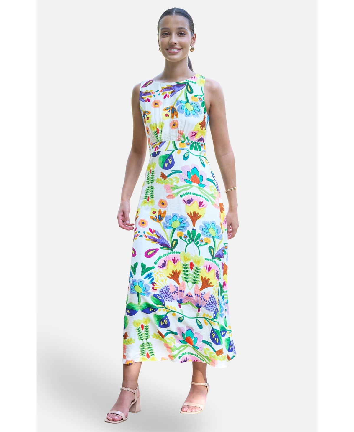 Click here for Yumi Womens Cotton Abstract Print Maxi Dress - Whi... prices