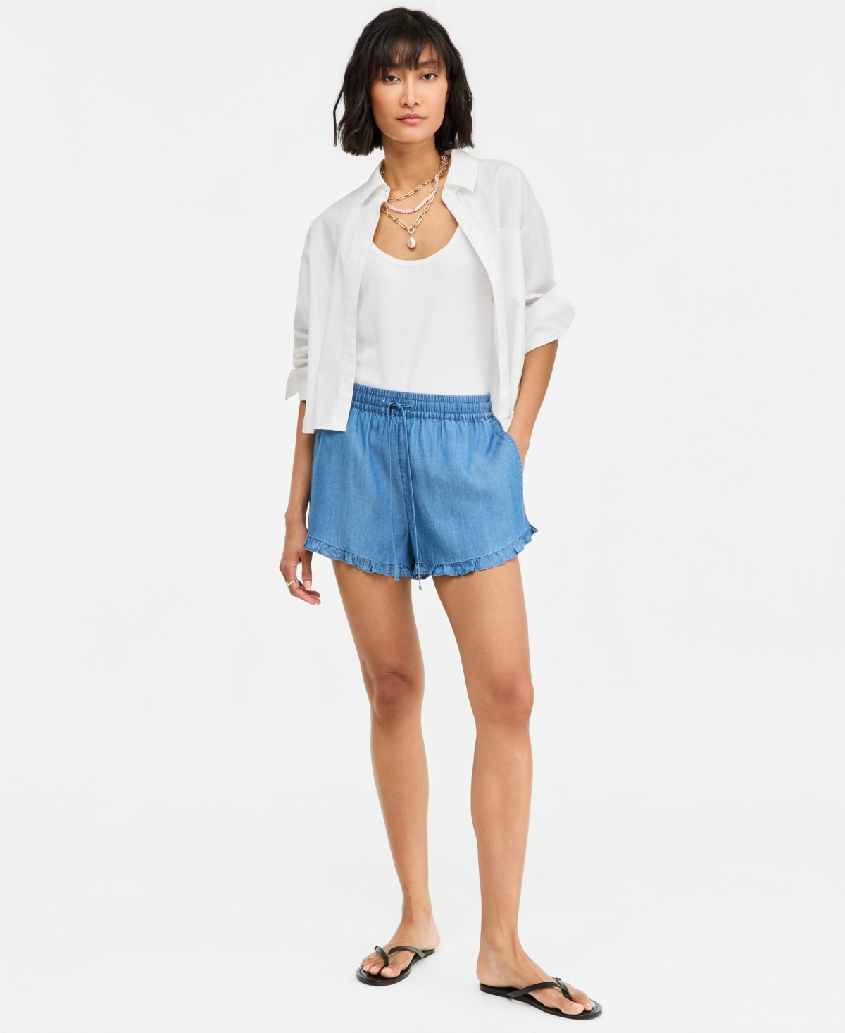 Click here for On 34th Womens Chambray Ruffled Drawstring Shorts... prices