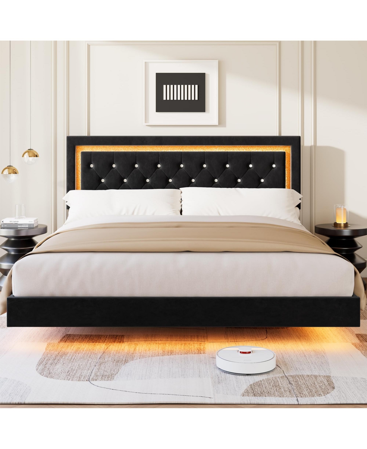 Click here for Homfan Floating Upholstered Bed Frame with Led Dia... prices