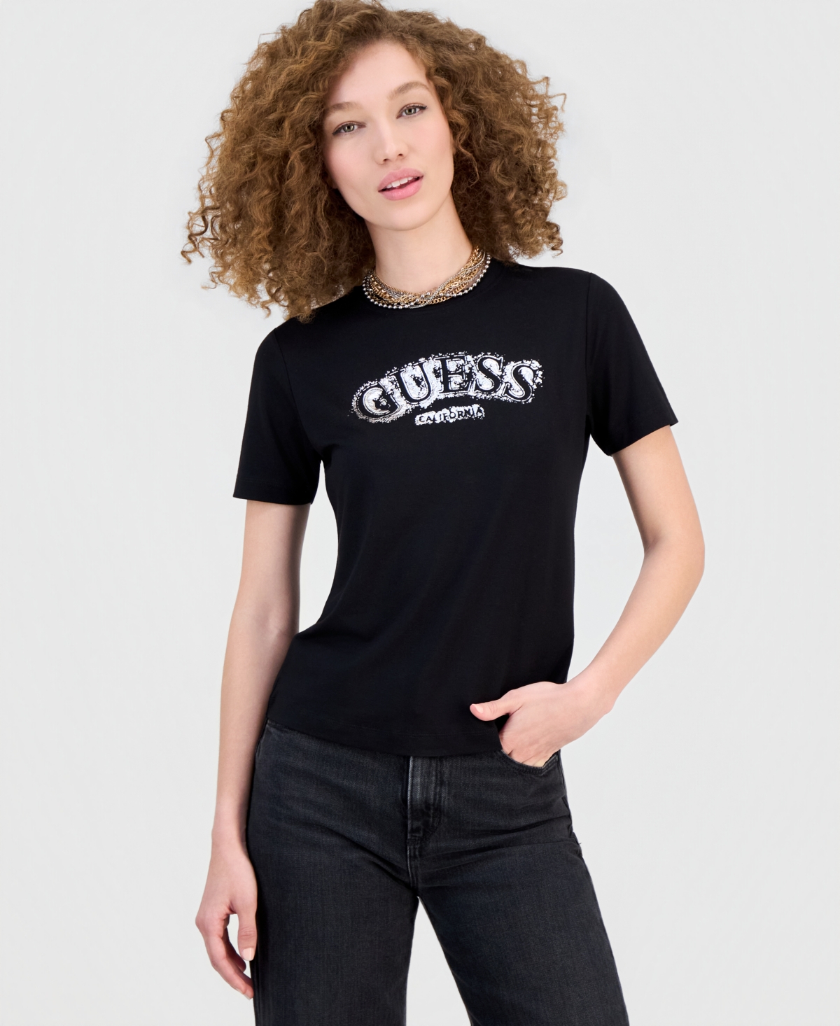 Click here for Guess Womens Leona Crewneck Logo T-Shirt - Jet Bla... prices