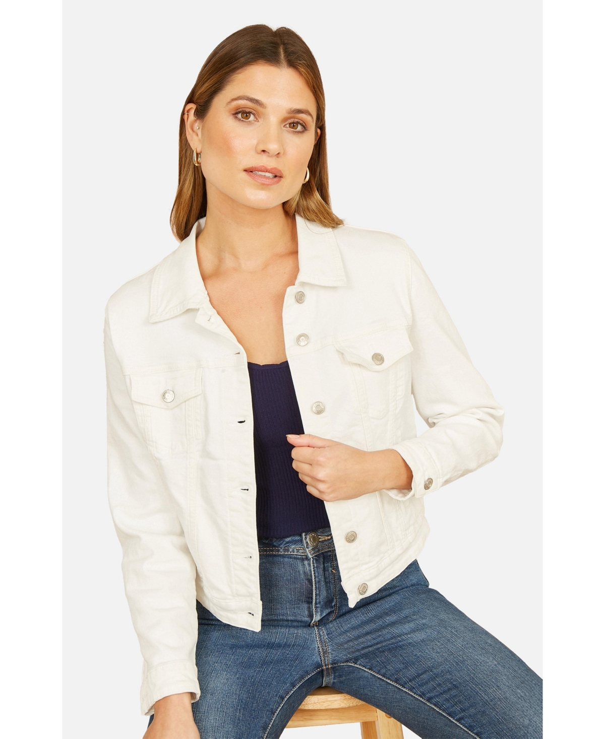 Click here for Yumi Womens Stretch Cotton Denim Jacket - White prices