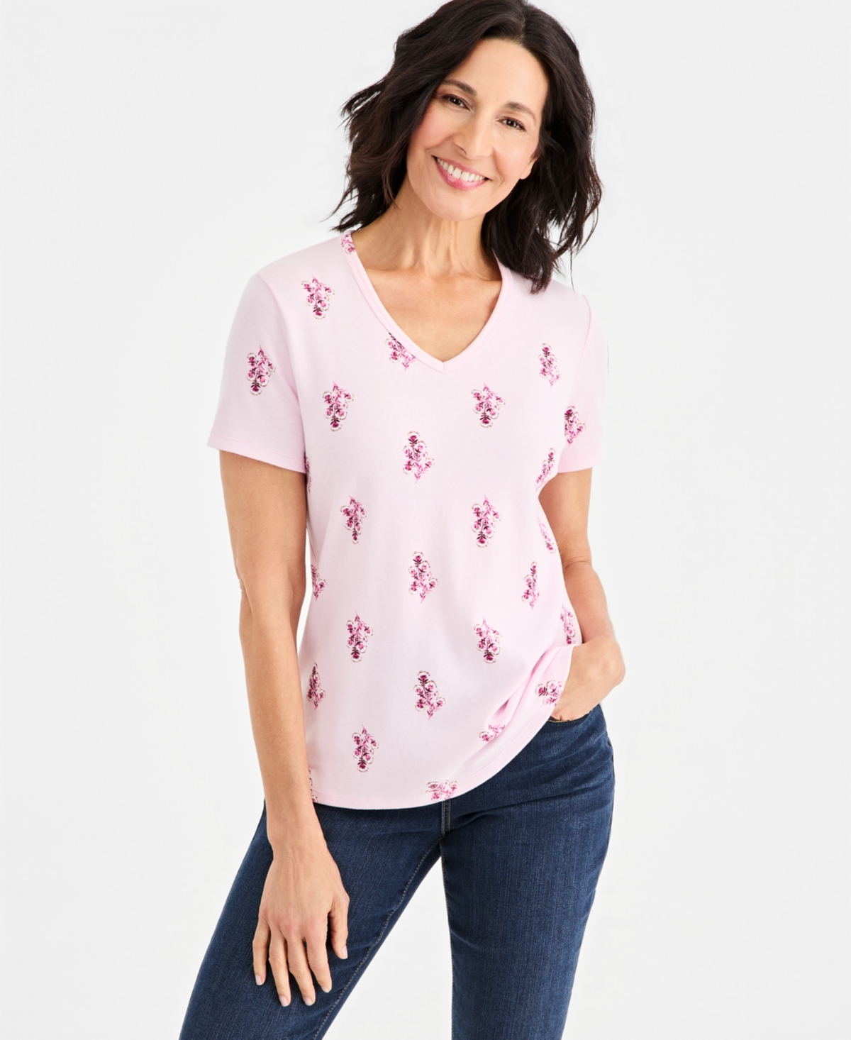 Click here for Style & Co Womens Printed Short-Sleeve V-Neck Top... prices
