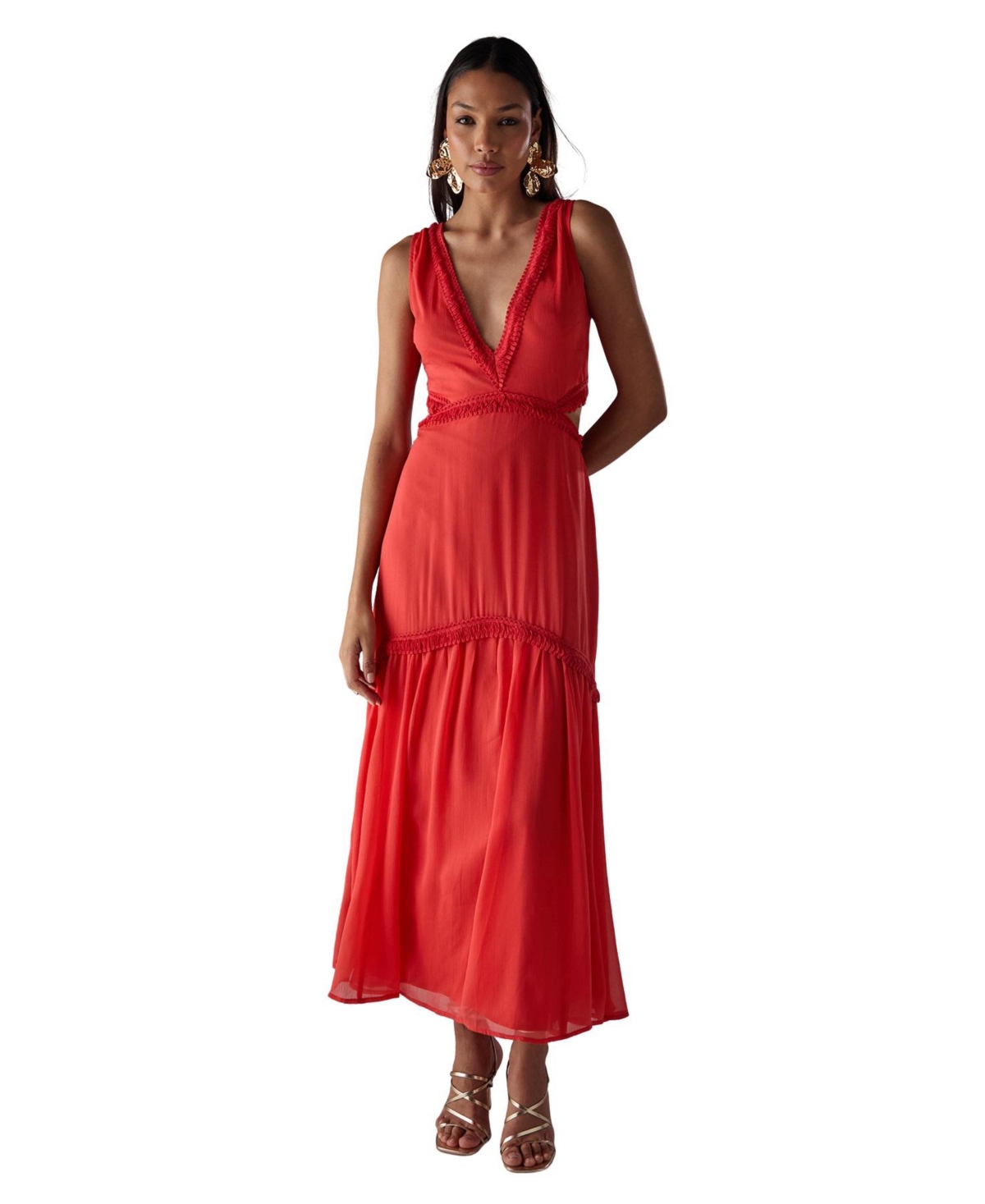 Click here for Warehouse Womens Chiffon Fringe Trim Cut Out Maxi... prices
