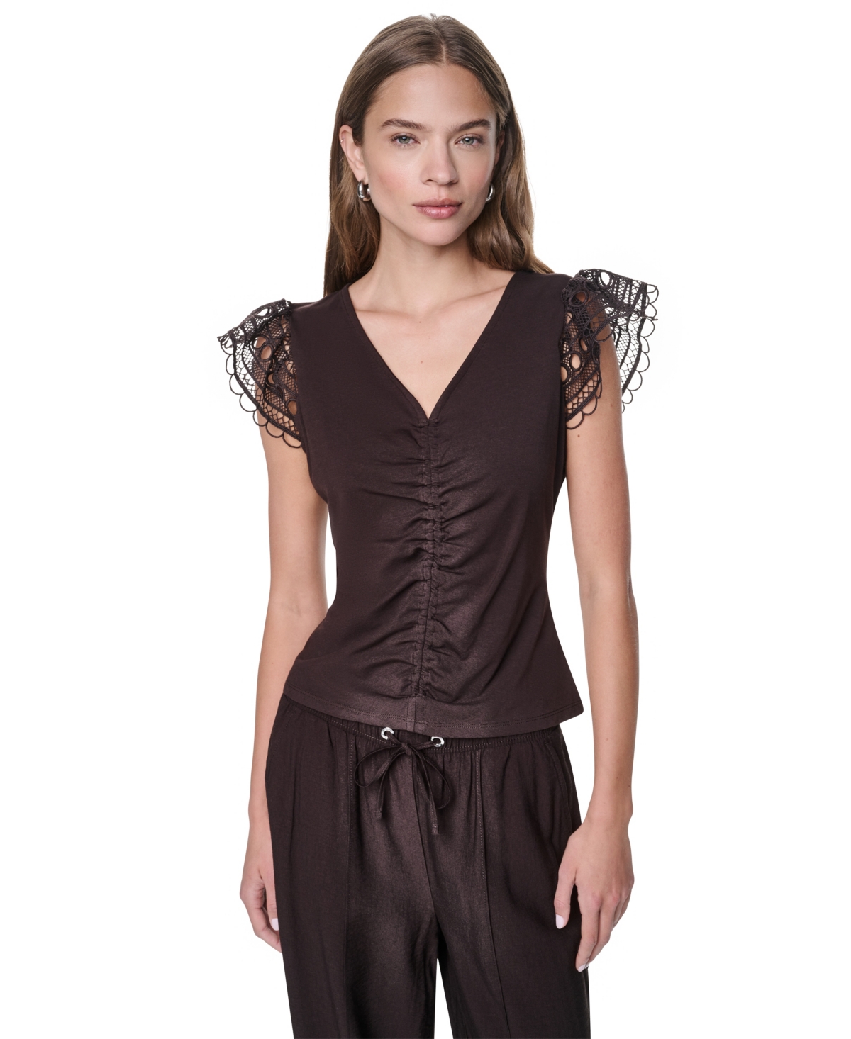Click here for Dkny Womens V-Neck Lace Trim Gathered Top - Tobacc... prices