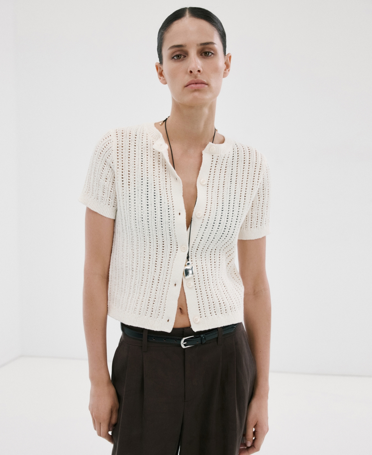 Click here for Mango Womens Openwork Knit Cardigan Sweater - Ecru prices