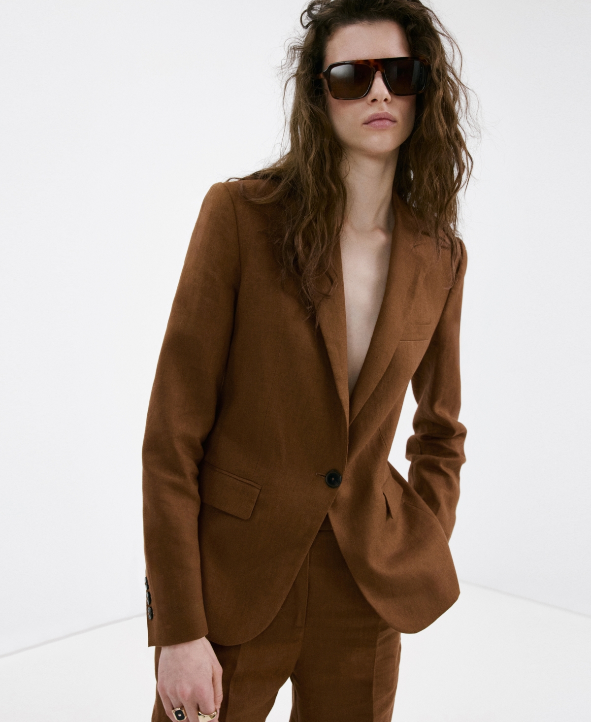 Click here for Mango Womens Linen Suit Blazer - Brown prices