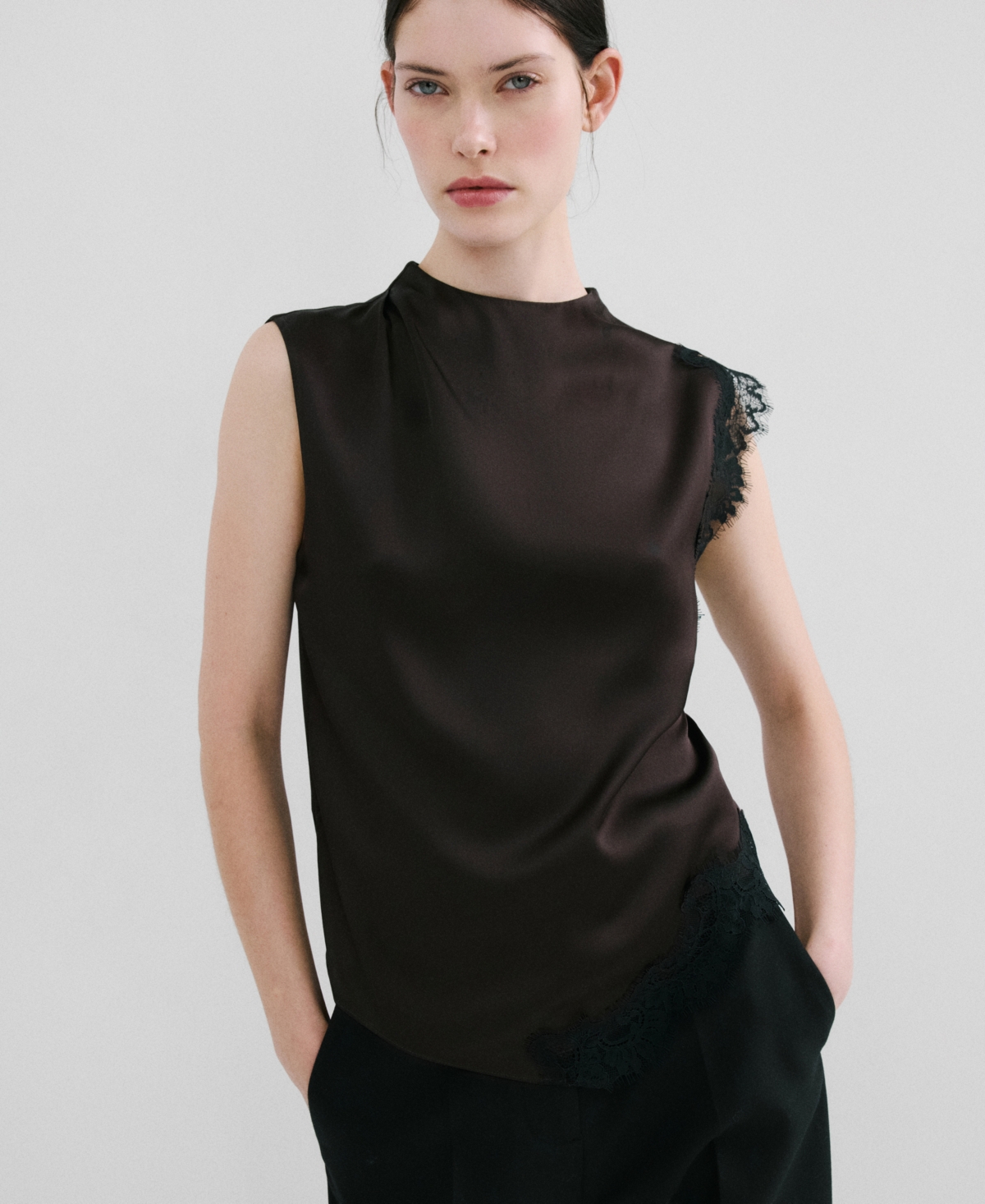 Click here for Mango Womens Lace Trim Top - Brown prices