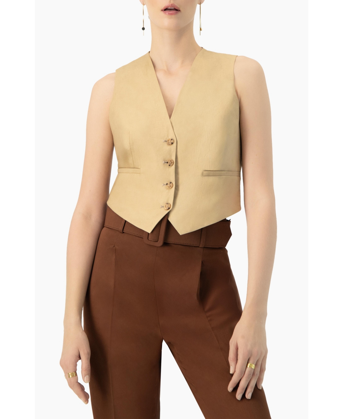 Click here for Ivonne Womens Linen Vest with Faux Pockets - Beige prices