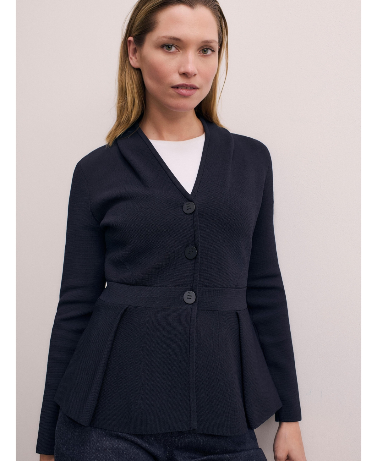 Click here for The Fold Womens Corato Sculpt Knit Jacket - Navy prices