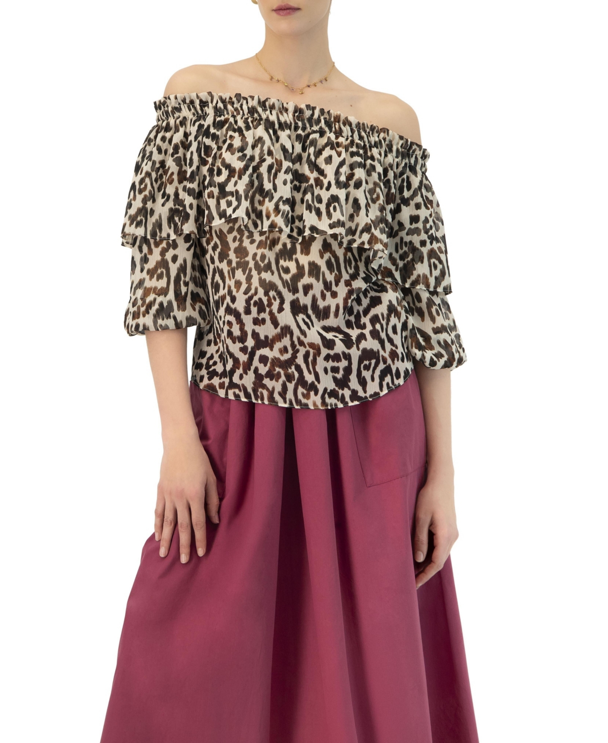 Click here for Ivonne Womens Bardot Animal Print Blouse - Brown prices