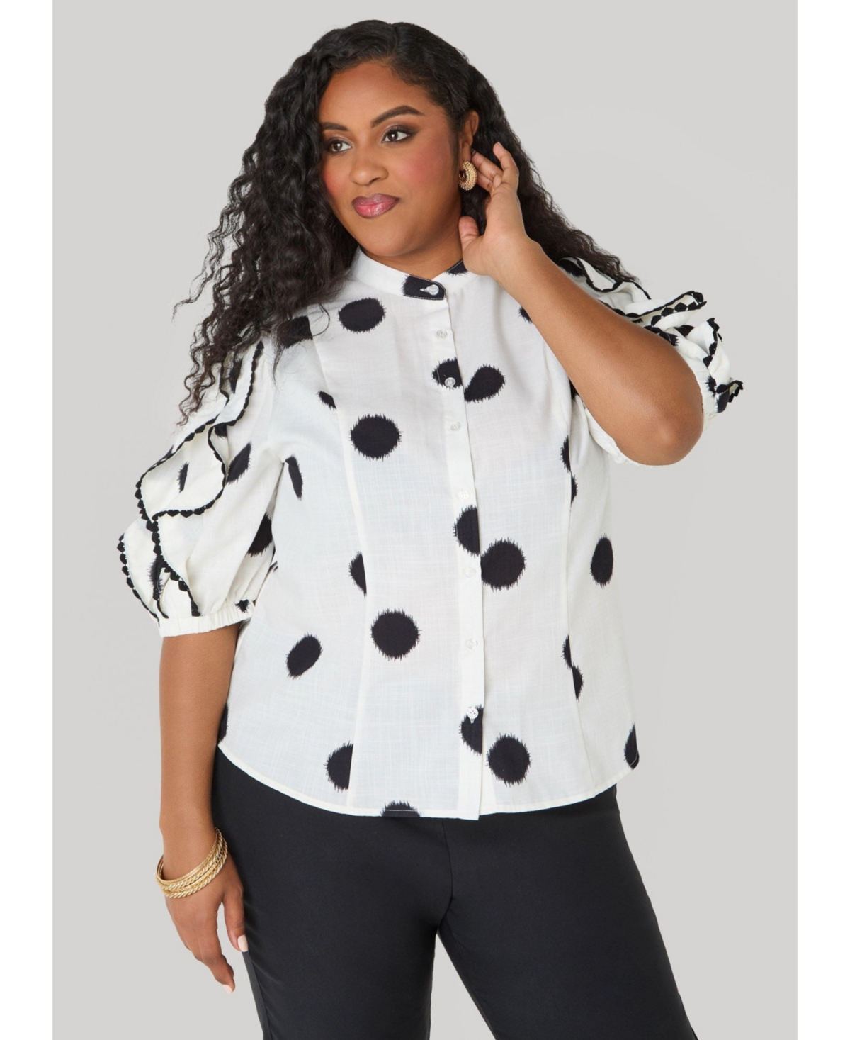 Click here for Ashley Stewart Womens Ruffled Polka Dot Shirt - Wh... prices