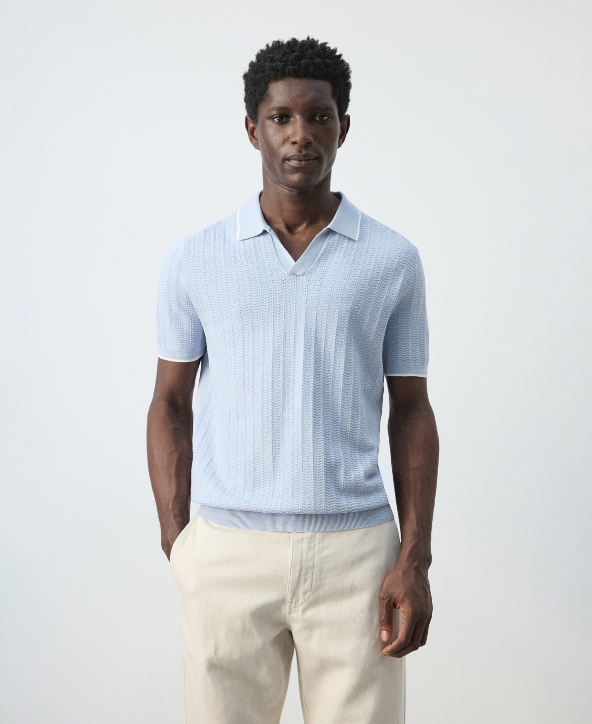 Click here for Mango Mens Structured Fine-Knit Polo Shirt - Sky B... prices