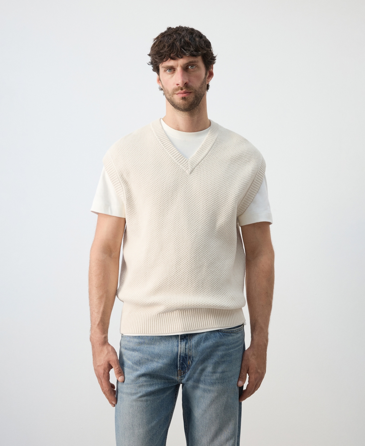 Click here for Mango Mens Microstructure Knit Vest Sweater - Ecru prices