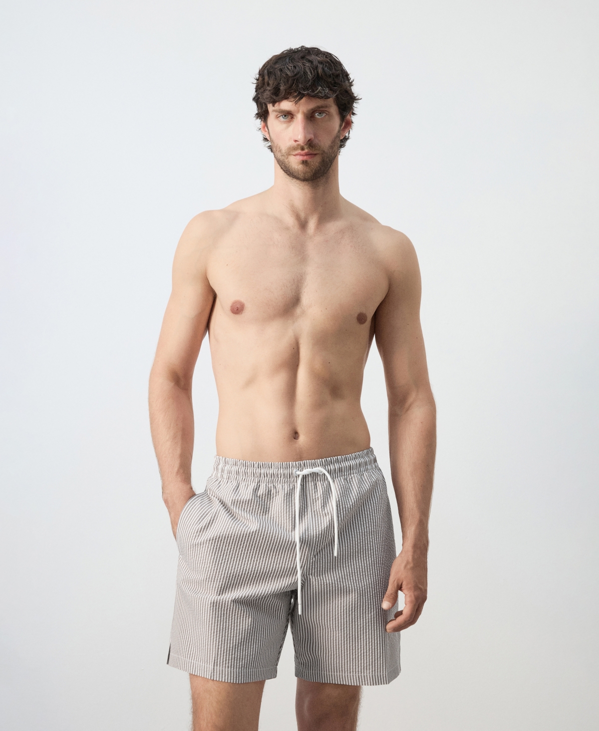 Click here for Mango Mens Seersucker Striped Swimsuit - Khaki prices