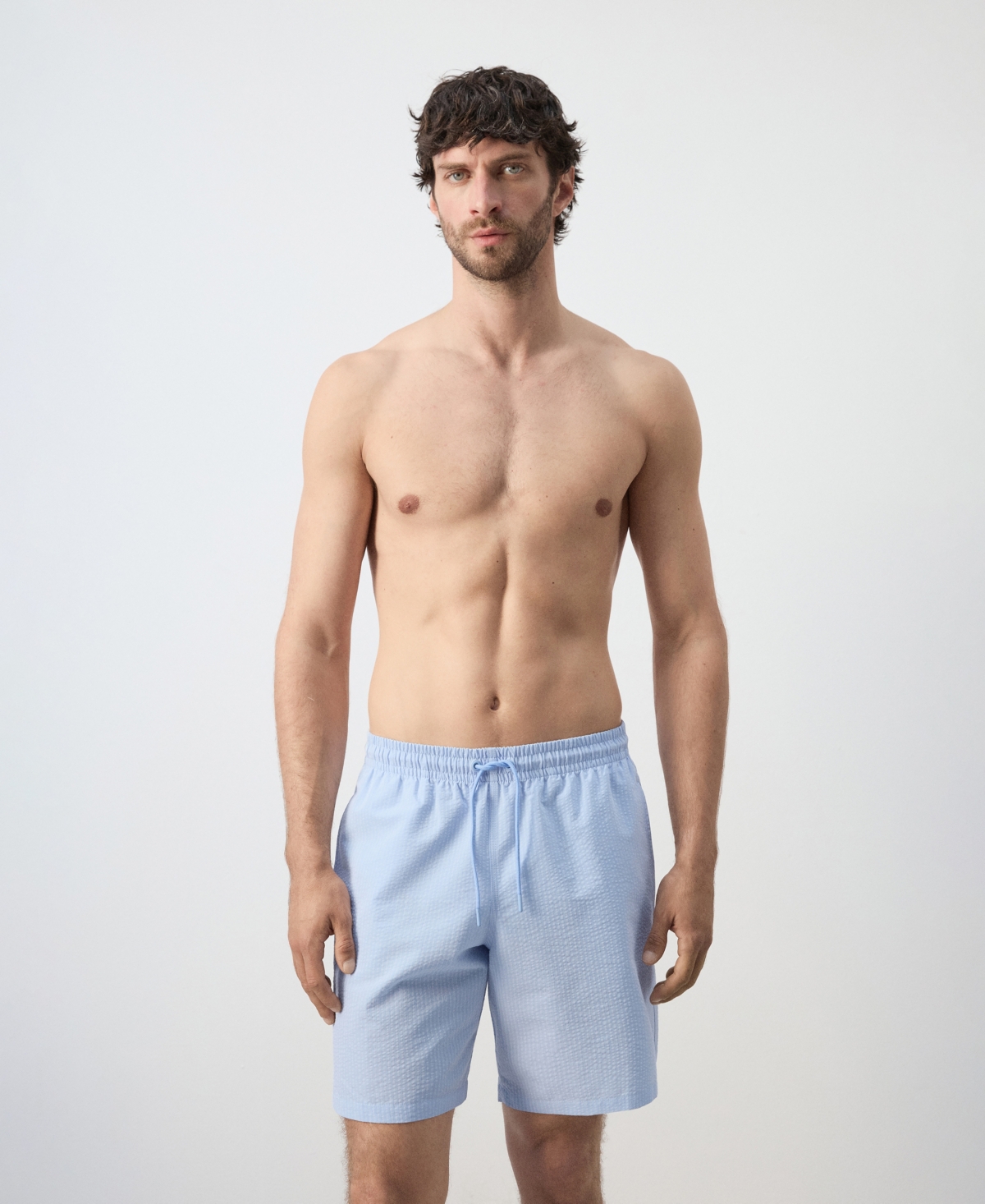 Click here for Mango Mens Seersucker Striped Swimsuit - Sky Blue prices