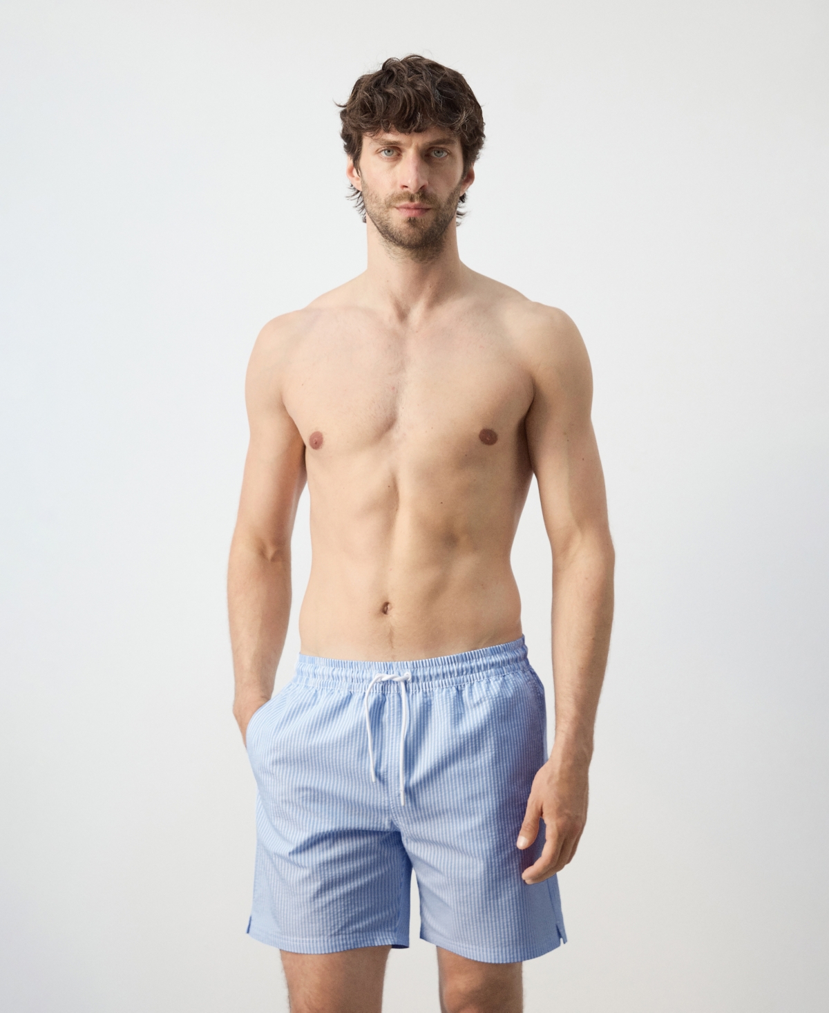 Click here for Mango Mens Seersucker Swimming Trunks - Sky Blue prices