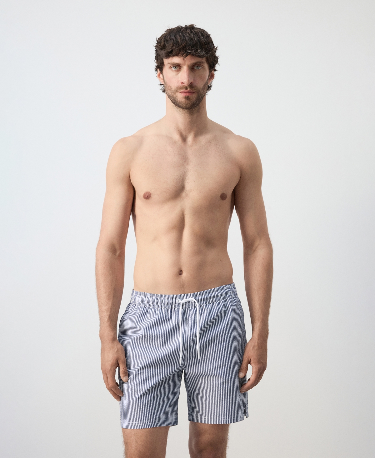 Click here for Mango Mens Seersucker Swimming Trunks - Dark Navy prices