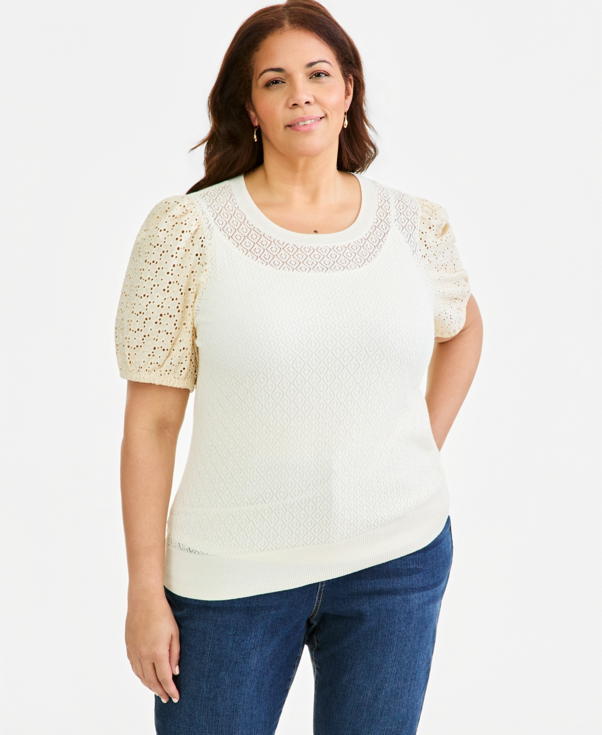 Style & Co Plus Size Puff-Sleeve Pointelle Sweater  Macys Exclusive - Palomino