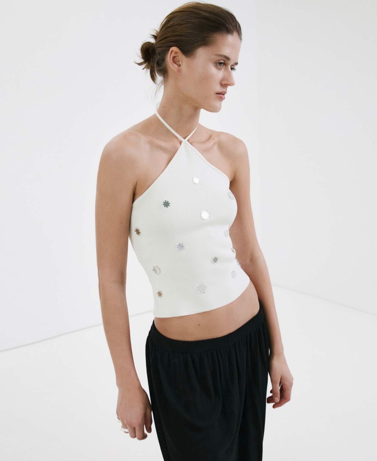 Click here for Mango Womens Metallic Appliques Halter Top - White prices