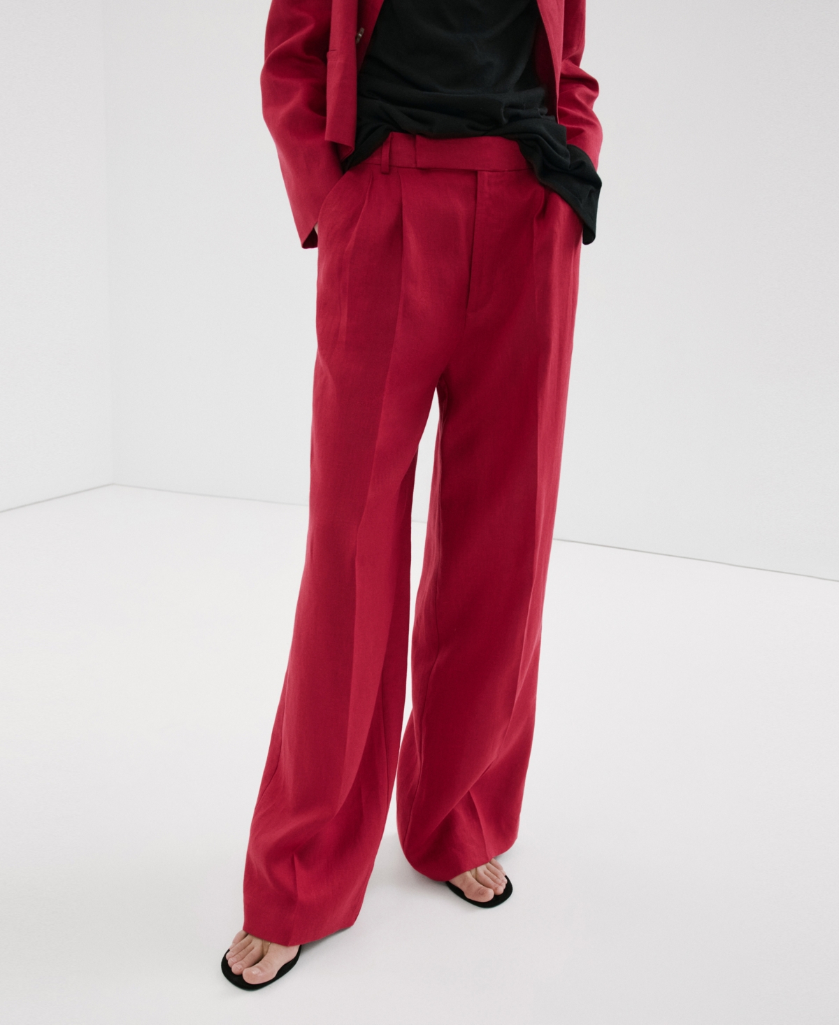 Click here for Mango Womens Straight Linen-Blend Pants - Red prices