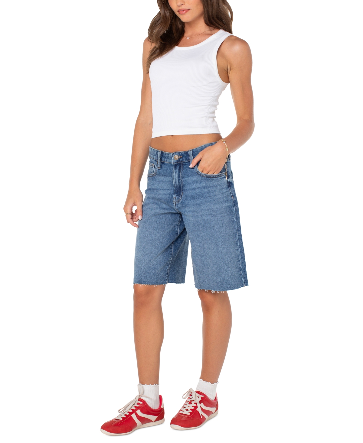 Click here for Celebrity Pink Womens High-Rise Raw-Hem Bermuda Sh... prices