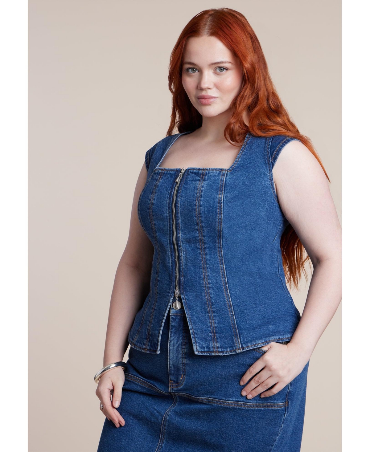 Click here for Eloquii Womens Fitted Square Neck Denim Top - Medi... prices