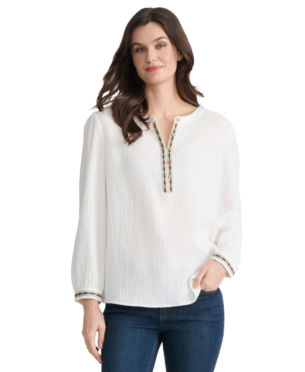 Click here for Jones New York Petite V-Neck Embroidered Placket P... prices